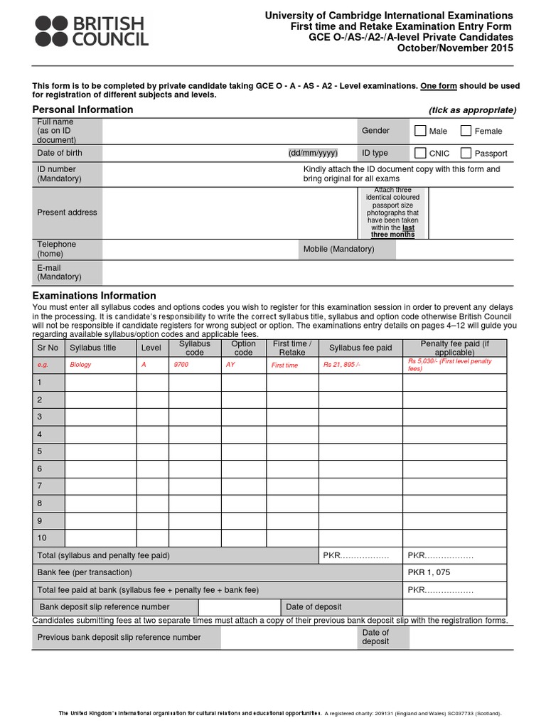 First Time and Retake Examination Entry Form GCE O-/AS-/A2-/A-level ...