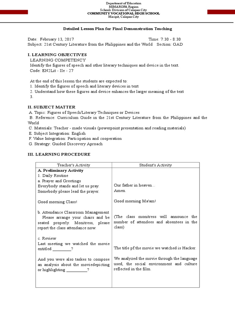 Detailed Lesson Plan For Final Demonstration Teaching: Community ...