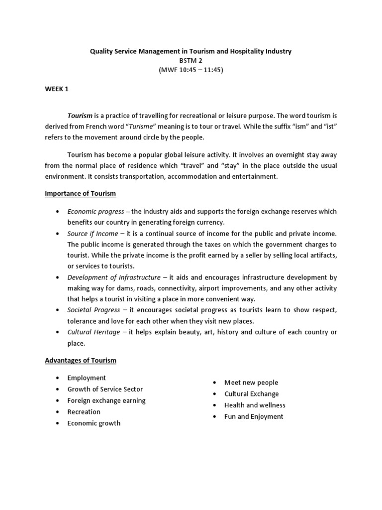 Quality Service Management in Tourism and Hospitality Industry Handouts | Tourism And Leisure ...