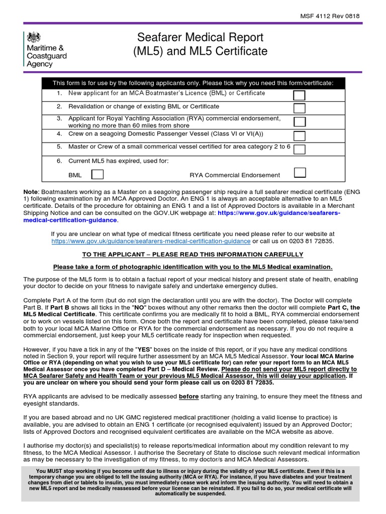 Seafarer Medical Report (ML5) and ML5 Certificate | PDF | Asthma | Heart