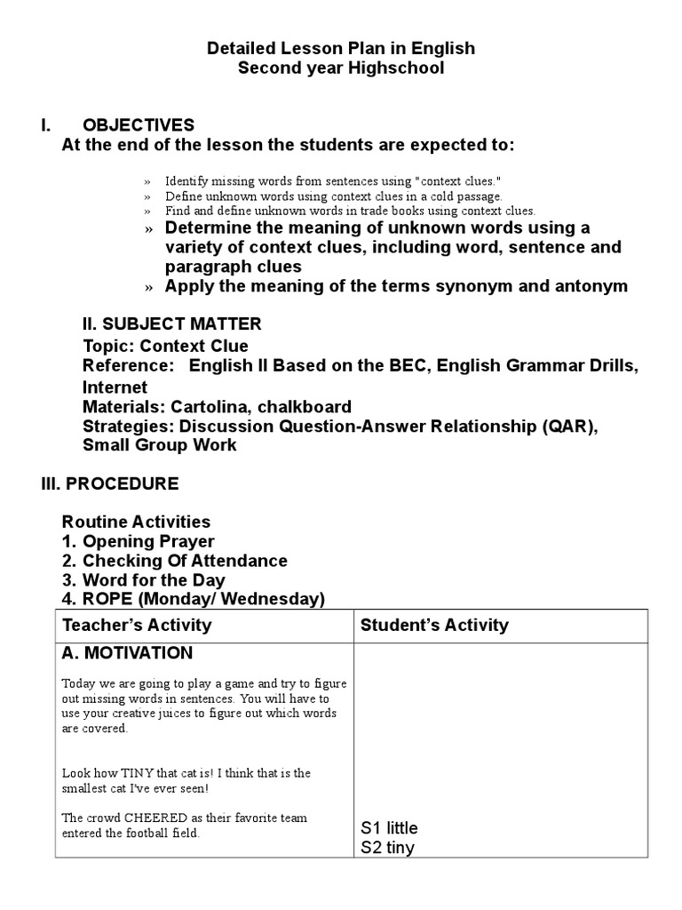 Context Clues Lesson Plan for Grade 8 | PDF | Lesson Plan | Word