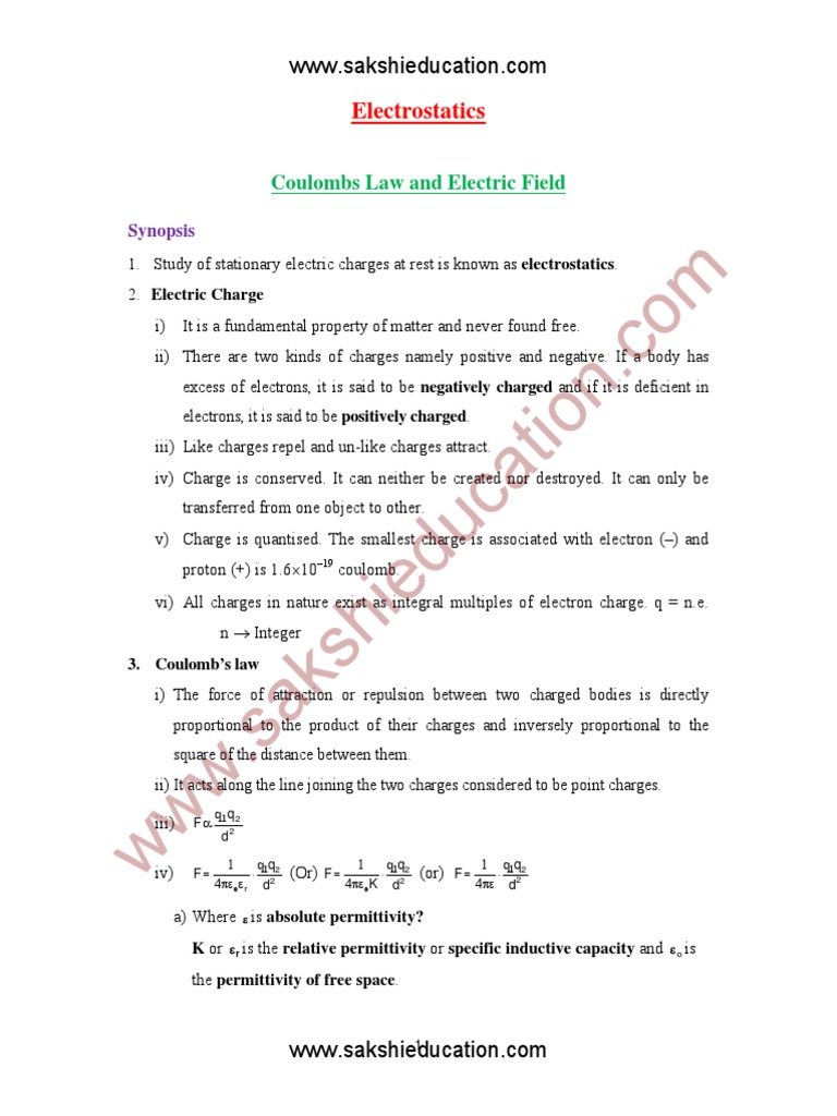 Electrostatics: Coulombs Law and Electric Field | PDF | Electric Charge ...