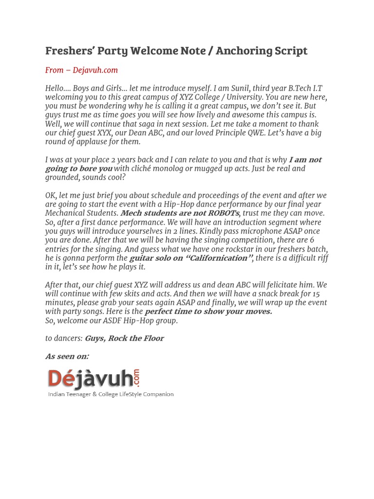 Freshers Party Welcome Speech Script | PDF | Art