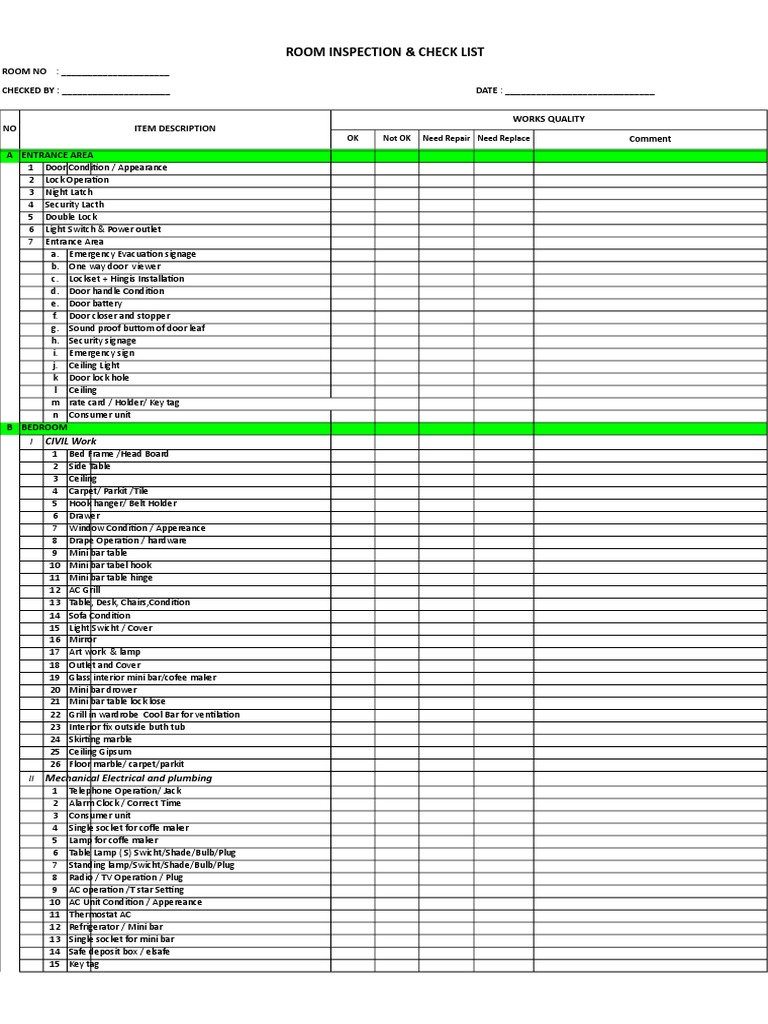 Hotel Room Inspection Checklist | PDF | Door | Shower