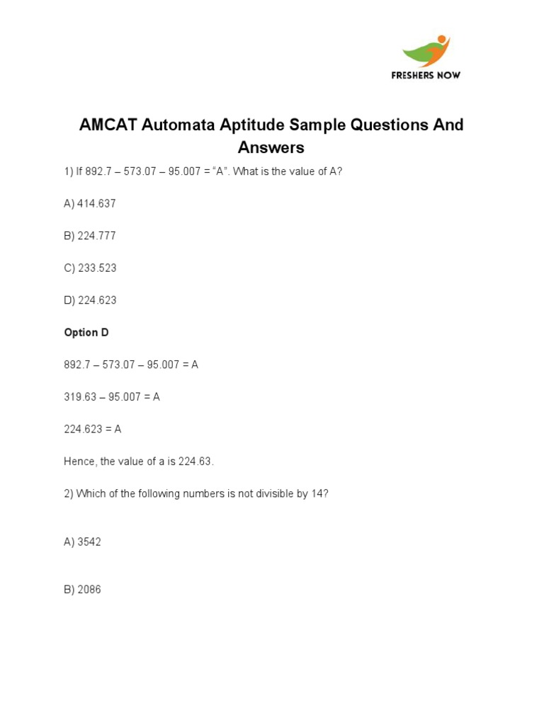 AMCAT Automata Aptitude Sample Questions and Answers | PDF | Business AMCAT Automata Aptitude Sample Questions and Answers | PDF | Business