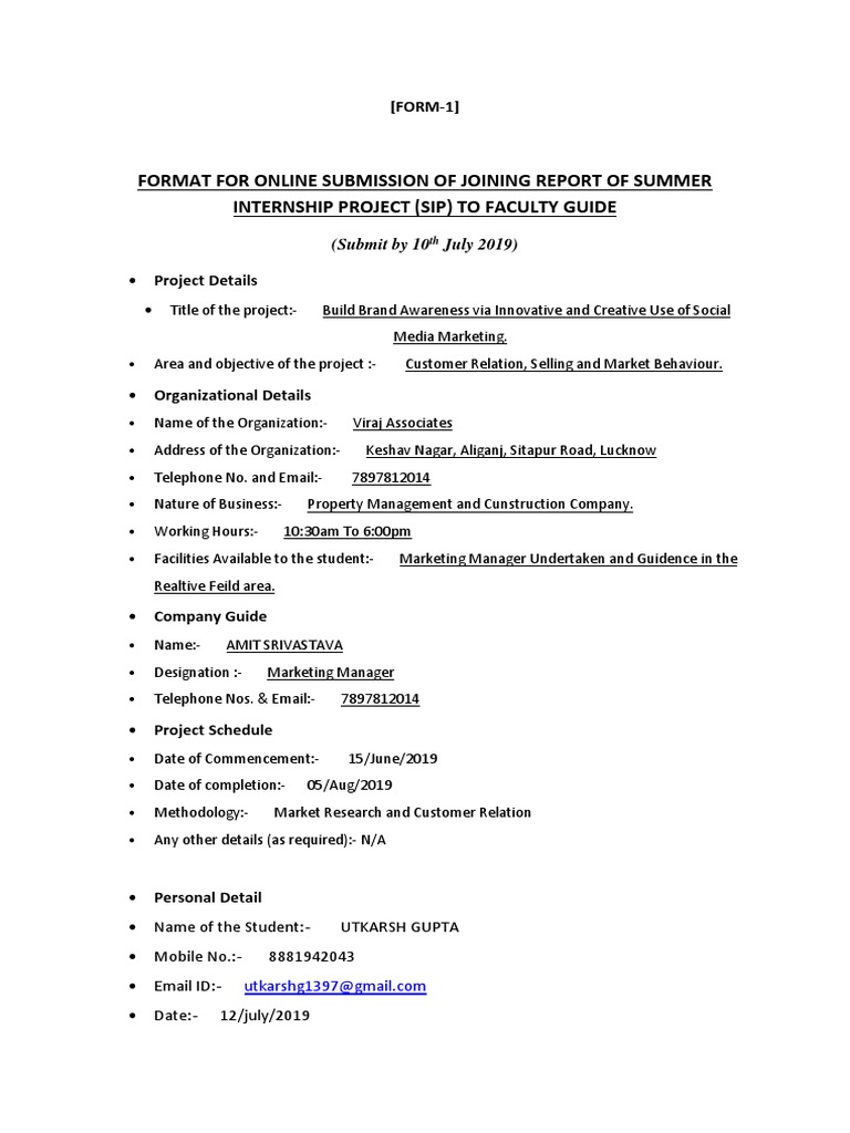Format For Online Submission of Joining Report of Summer Internship Project (Sip) To Faculty ...
