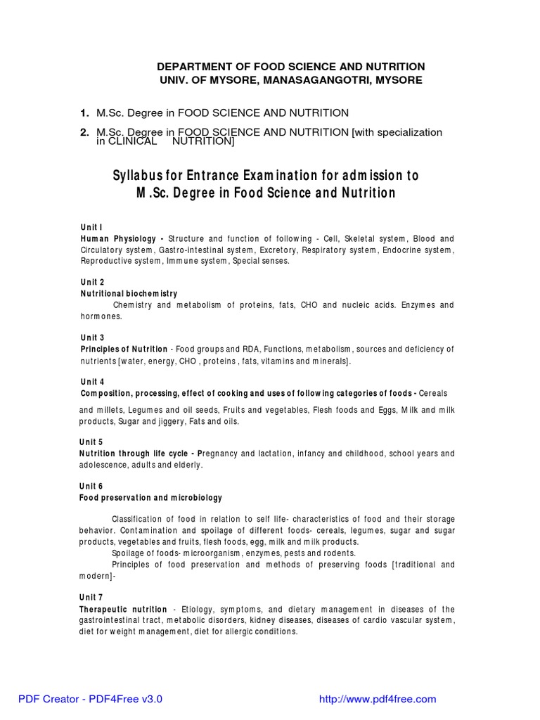 Syllabus For Entrance Examination For Admission To M.Sc. Degree in Food ...