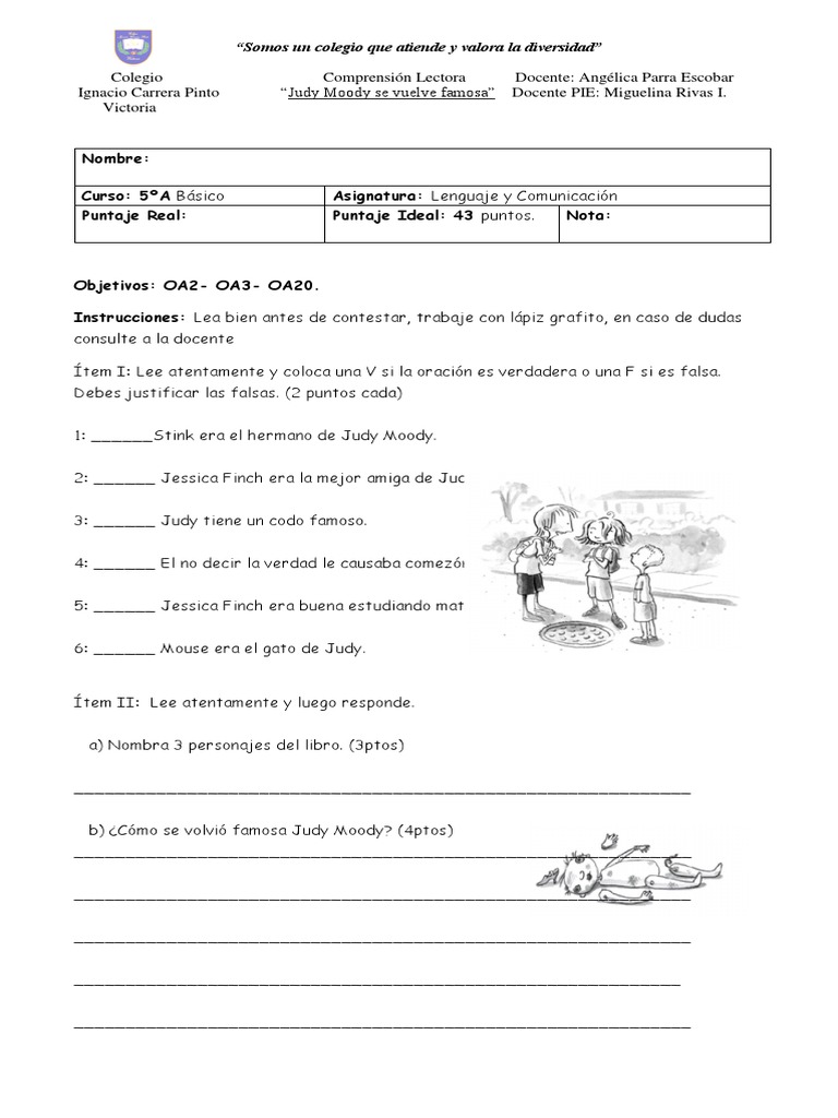 Evaluacion Judy Moody Se Vuelve Famosa | PDF