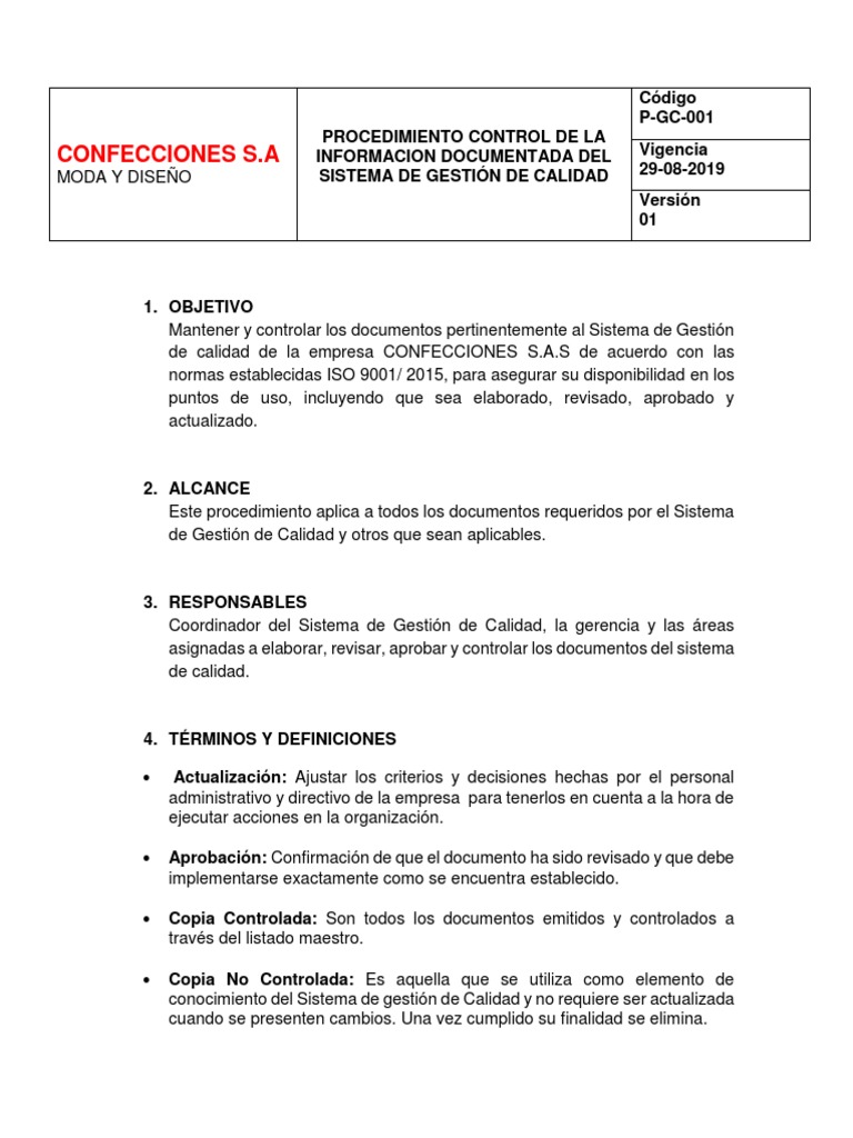 Procedimiento Control de La Informacion Documentada | Gestión de la ...