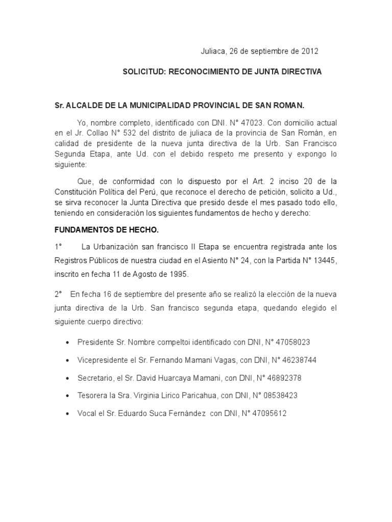 Solicitud de Reconocimiento de Junta Directiva | PDF | Instituciones sociales | Ciencias sociales