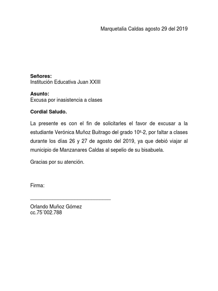Excusa de inasistencia escolar | PDF
