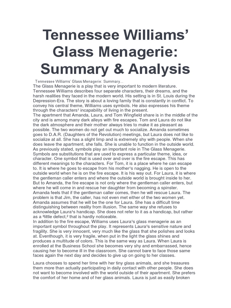 Tennessee Williams - Glass Menagerie - Summary and Analysis | PDF