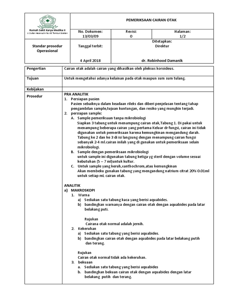 Spo Pemeriksaan Cairan Lcs | PDF