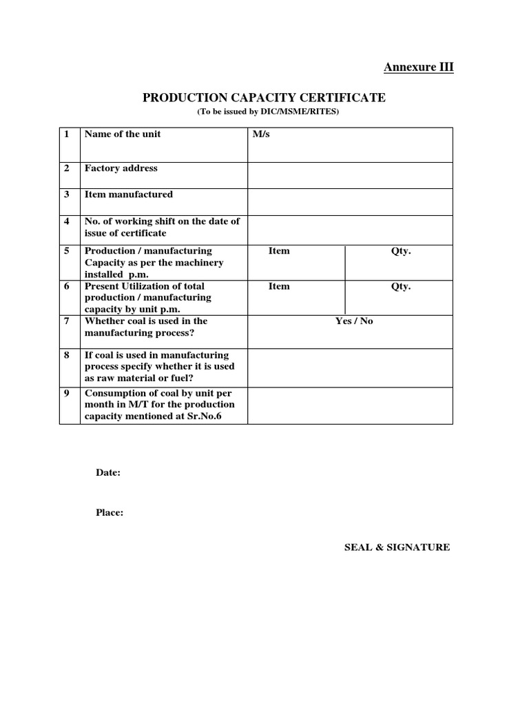Annexure III Production Capacity Certificate: (To Be Issued by DIC/MSME ...