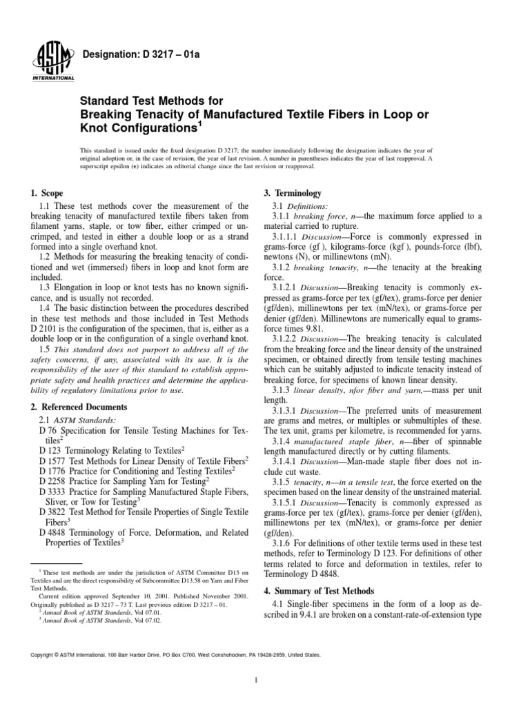 Breaking Tenacity of Manufactured Textile Fibers in Loop or Knot ...