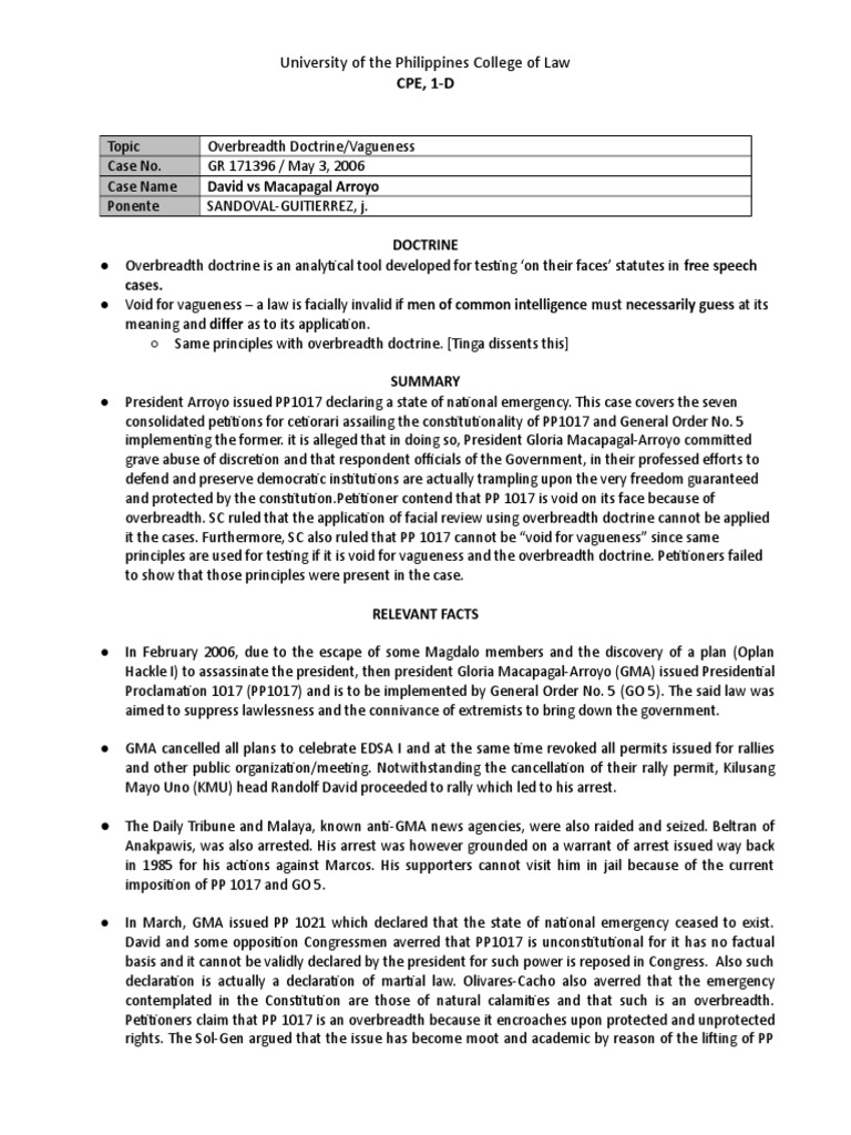 Overbreadth Doctrine in David vs Arroyo | PDF | Overbreadth Doctrine ...