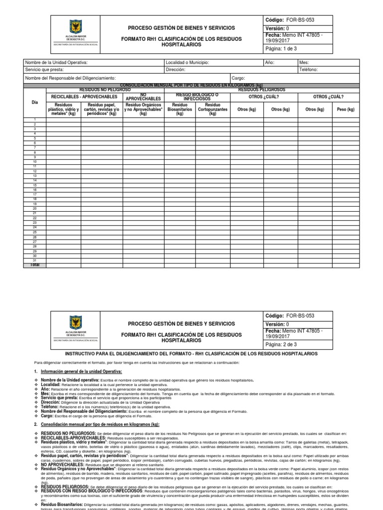 Formato RH1 Clasificación Residuos Hospitalarios | PDF | Mercurio ...