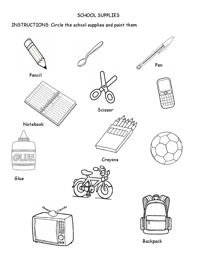 School Supplies INSTRUCTIONS: Circle The School Supplies and Paint Them ...