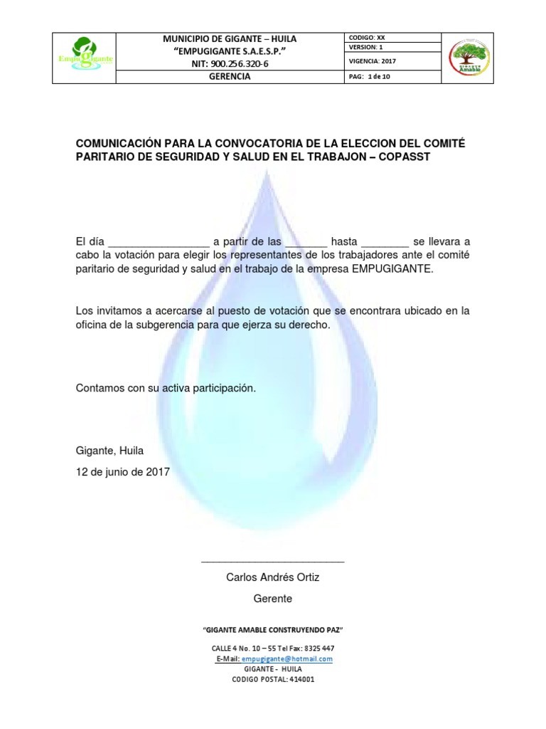 Comunicación para La Convocatoria de La Eleccion Del Comité Paritario ...