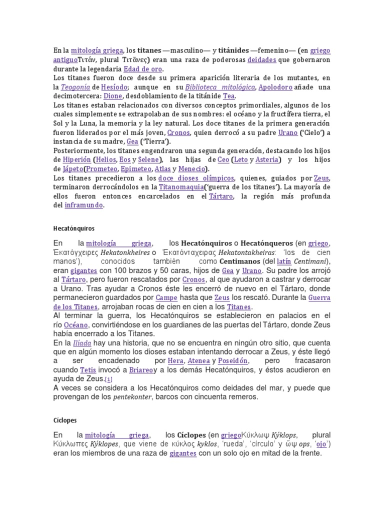 Titanes y Titanides | PDF | Dioses griegos | Literatura griega antigua