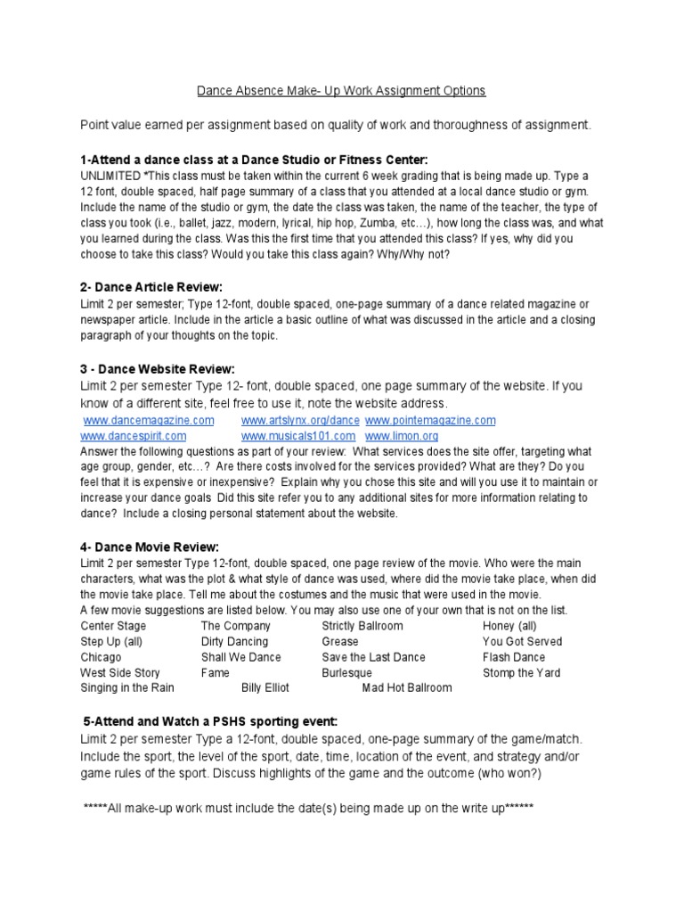 Dance Class Make-Up Assignments | PDF | Dances