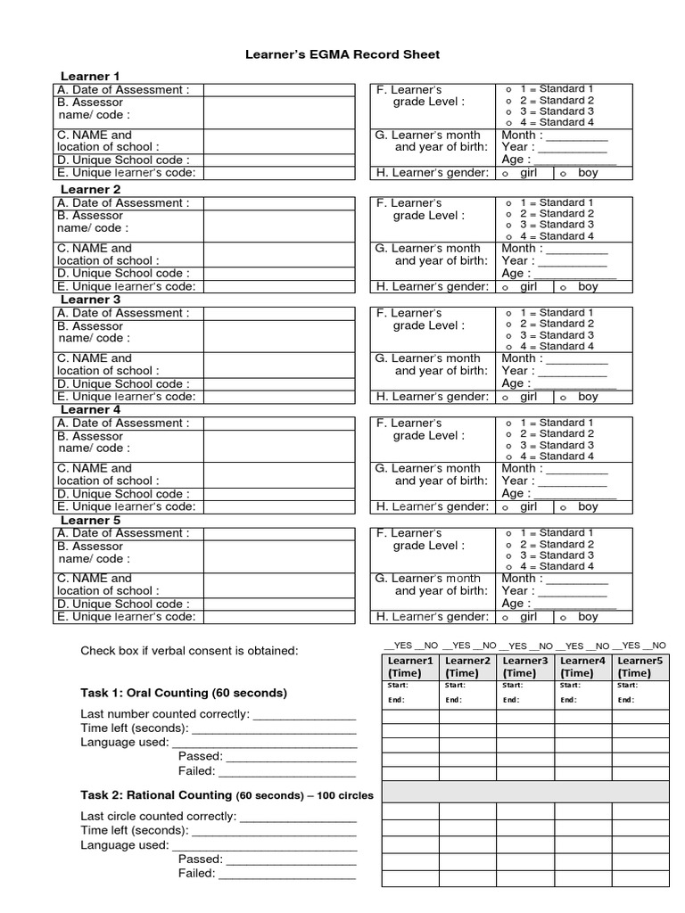 Learners EGMA Record Sheet 1 | PDF | Cognition | Learning