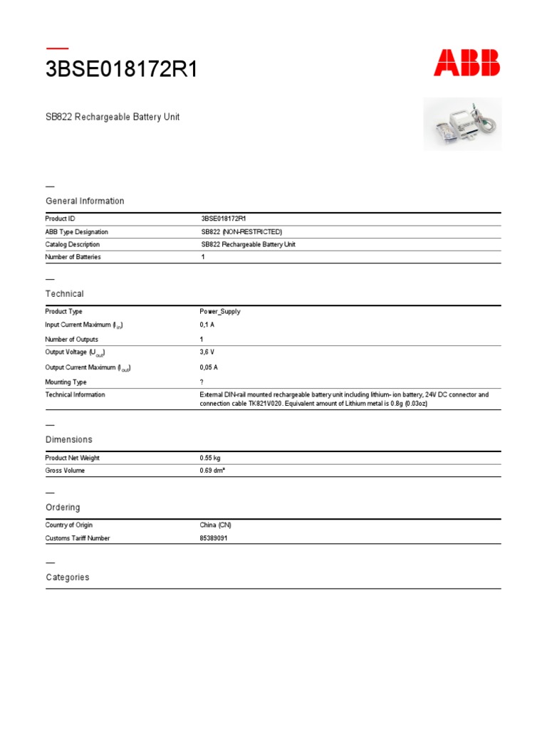 3BSE018172R1 Sb822 Rechargeable Battery Unit | PDF