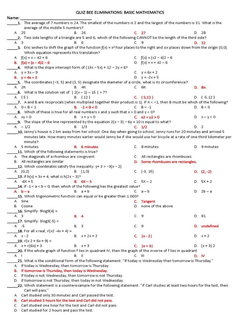 (Questionnaire With Answer Key) Basic Math | PDF | Trigonometric ...
