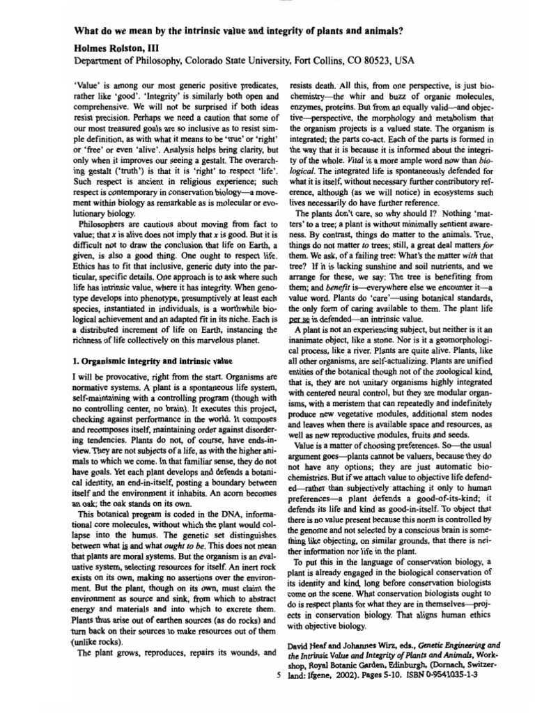 Genetic Engineering and The Intrinsic Value and Integrity of Plants and ...