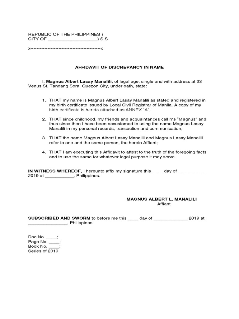 An Affidavit Establishing the Discrepancy Between Magnus Albert Lasay ...