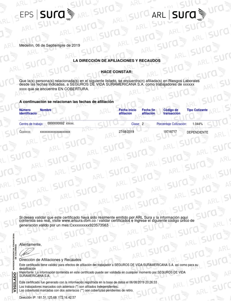 Certificado de ARL SURA | PDF