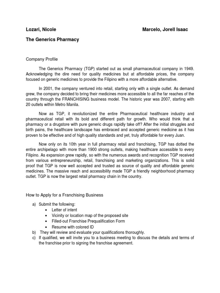 The Generics Pharmacy | PDF | Franchising | Generic Drug
