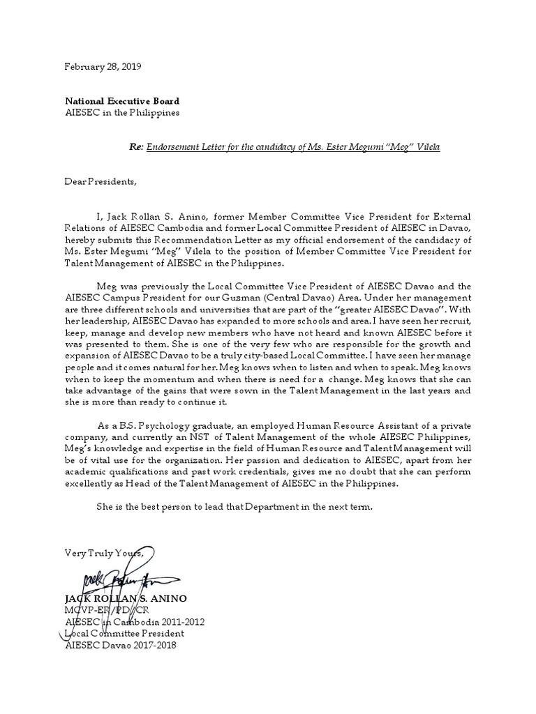 Sample AIESEC MCVP Endorsement Letter | PDF | Business