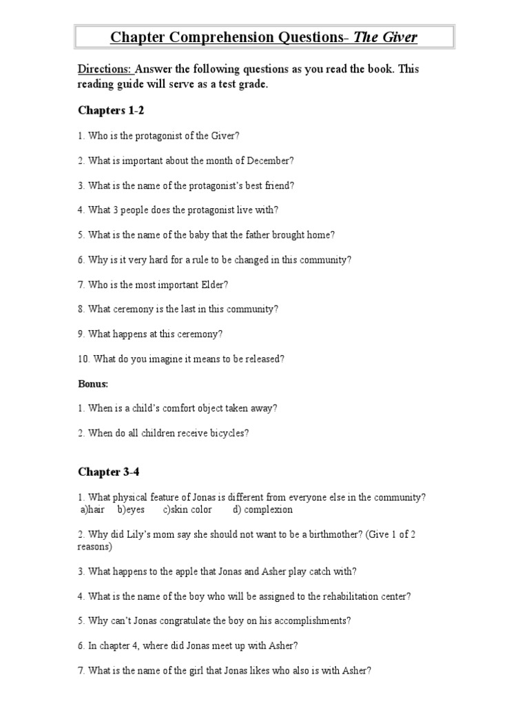 Chapter Comprehension Questions Reading Guide | PDF | The Giver