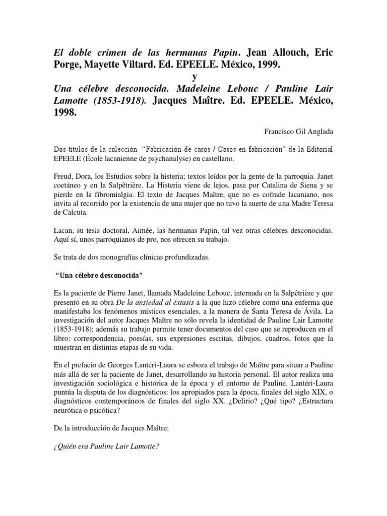El Doble Crimen de Las Hermanas Papin | PDF | Psicoanálisis | Jacques Lacan