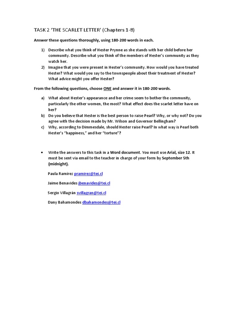 TASK 2 THE SCARLET LETTER' (Chapters 1-8) : Answer These Questions ...
