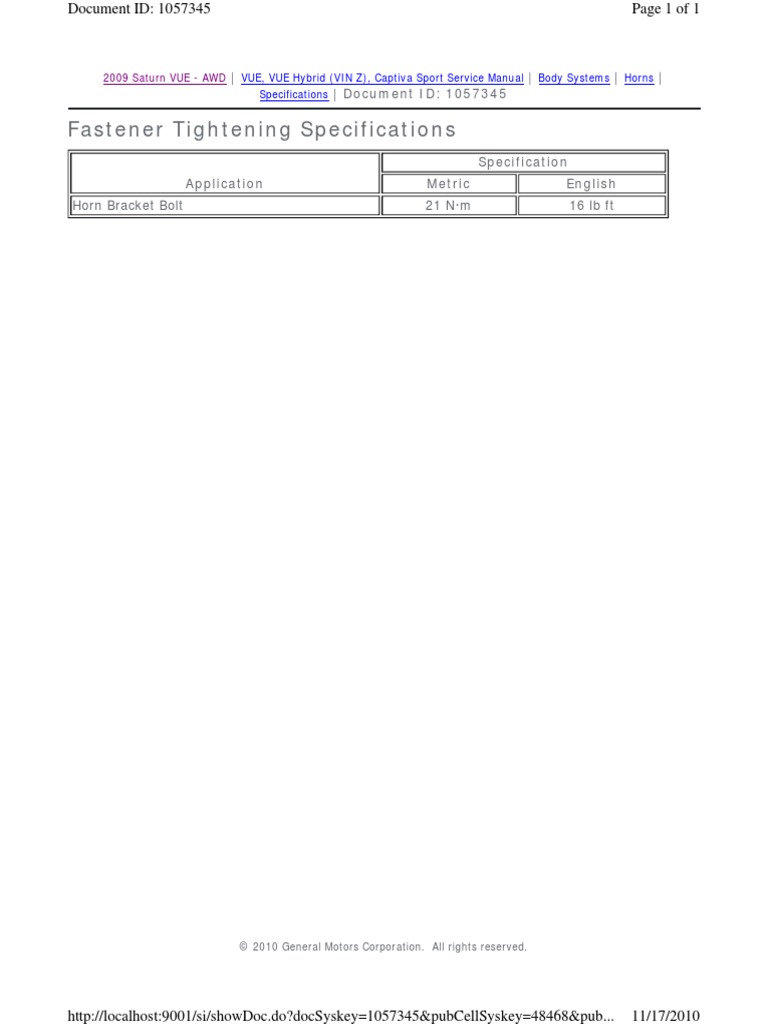 Fastener Tightening Specifications: Application Specification Metric ...