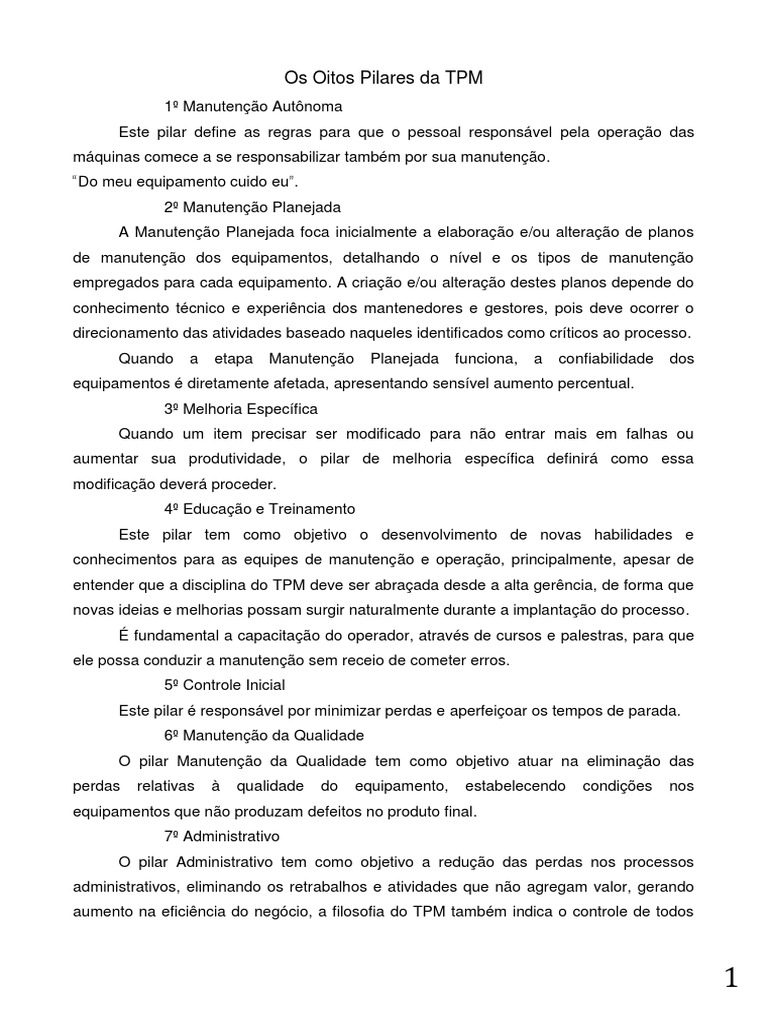 Os oito pilares da manutenção produtiva total (TPM) | PDF | Qualidade ...