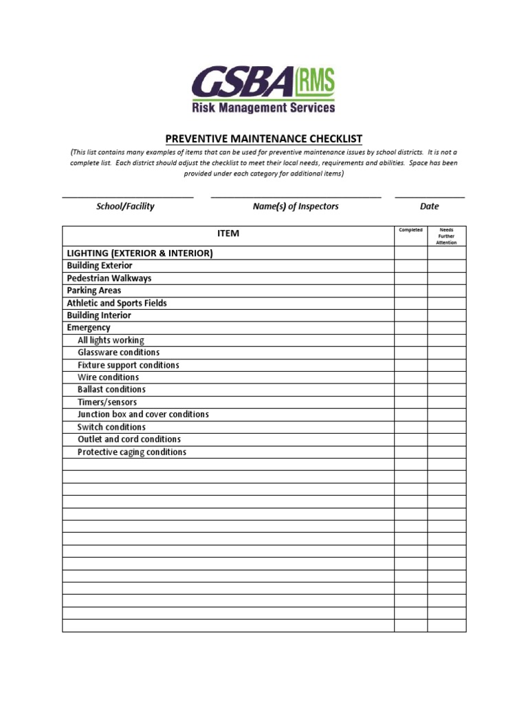 Preventive Maintenance Checklist: Item Lighting (Exterior & Interior ...