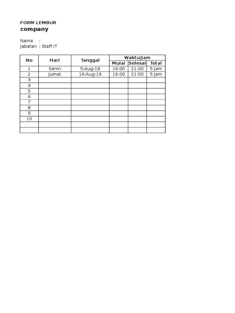 Form Lembur Template | PDF