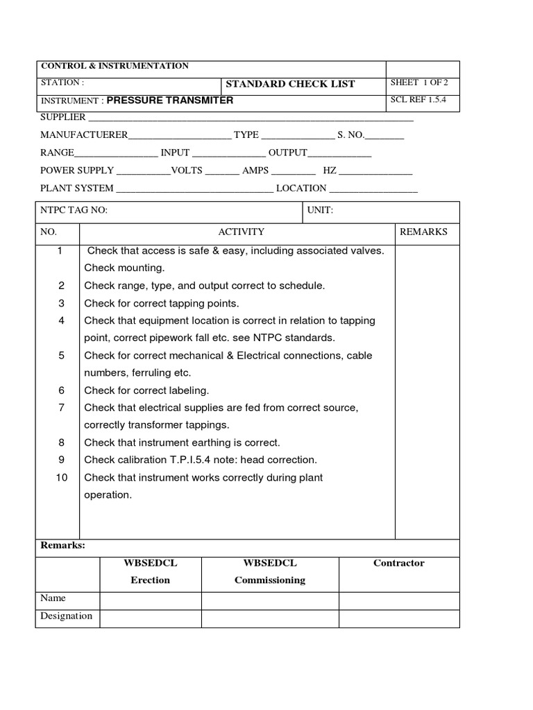 Standard Check List: Pressure Transmiter | PDF | Instrumentation ...