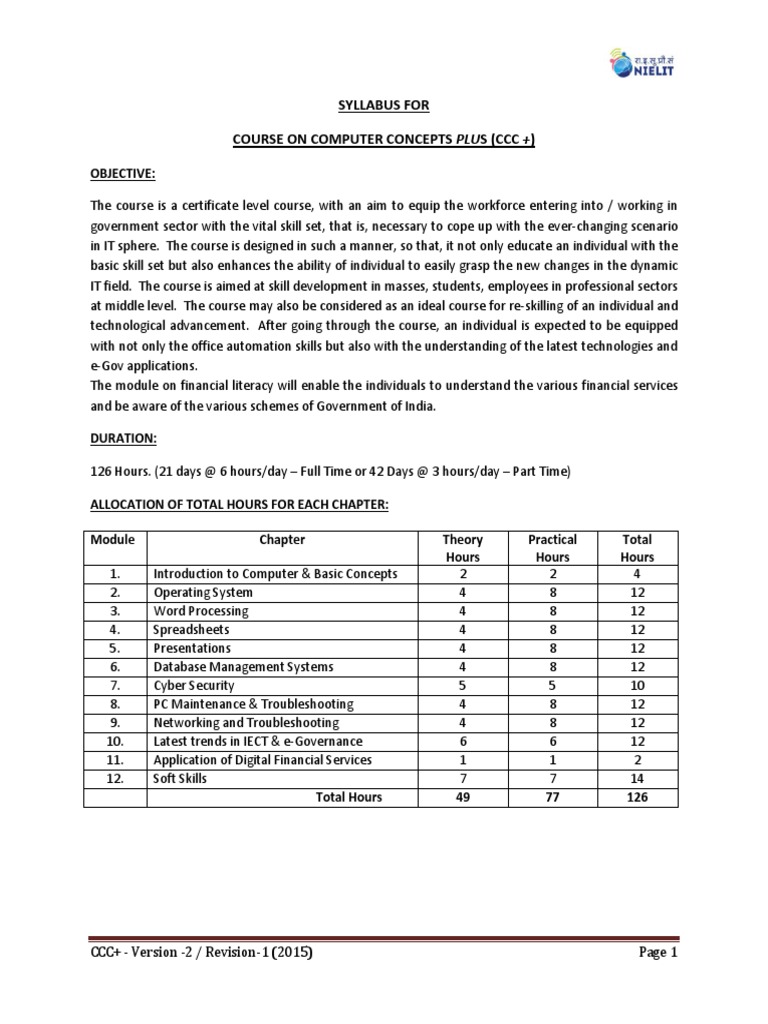 Syllabus For Course On Computer Concepts Plus (CCC +) : Objective | PDF ...