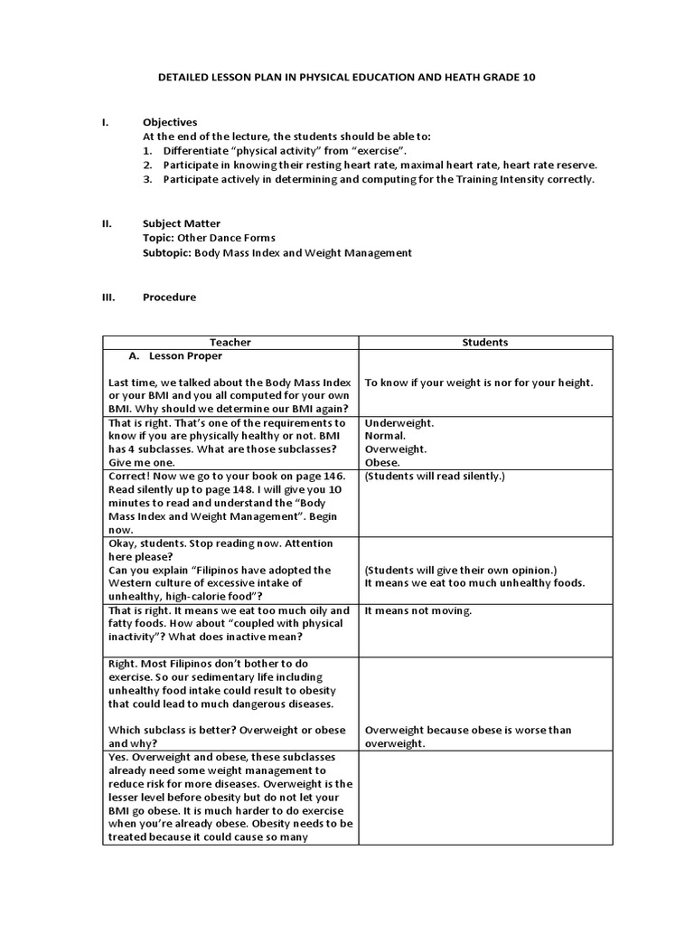 Grade 10 BMI and Weight Management Lesson | PDF | Weight Management ...