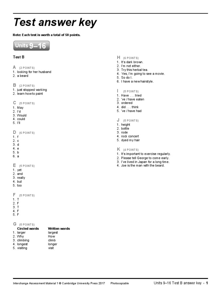 Test Answer Key: Units | PDF