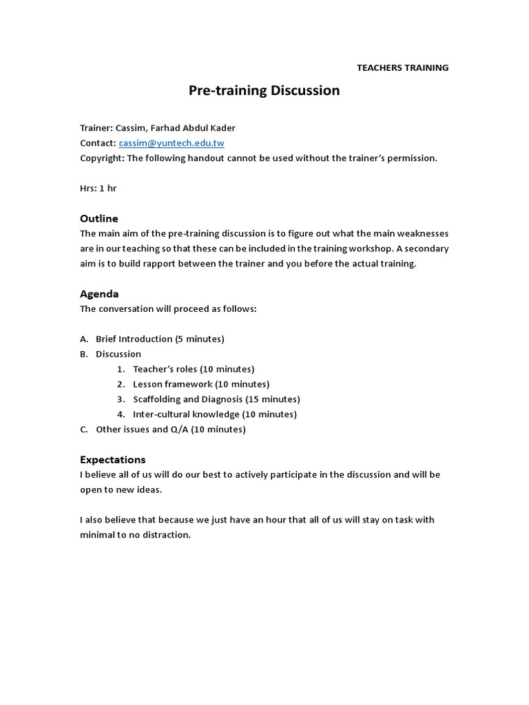 Pre Training Discussion | Download Free PDF | Teachers | Learning