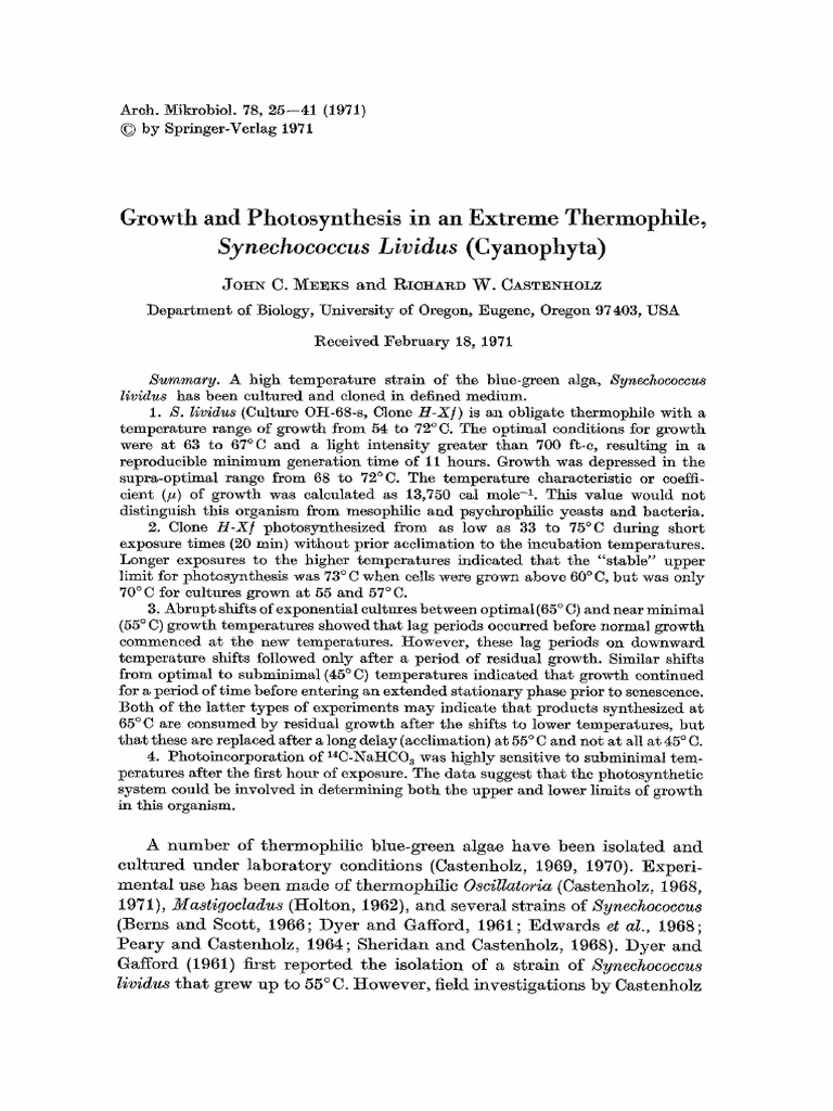 Synechococcus Lividus: Growth and Photosynthesis in An Extreme ...