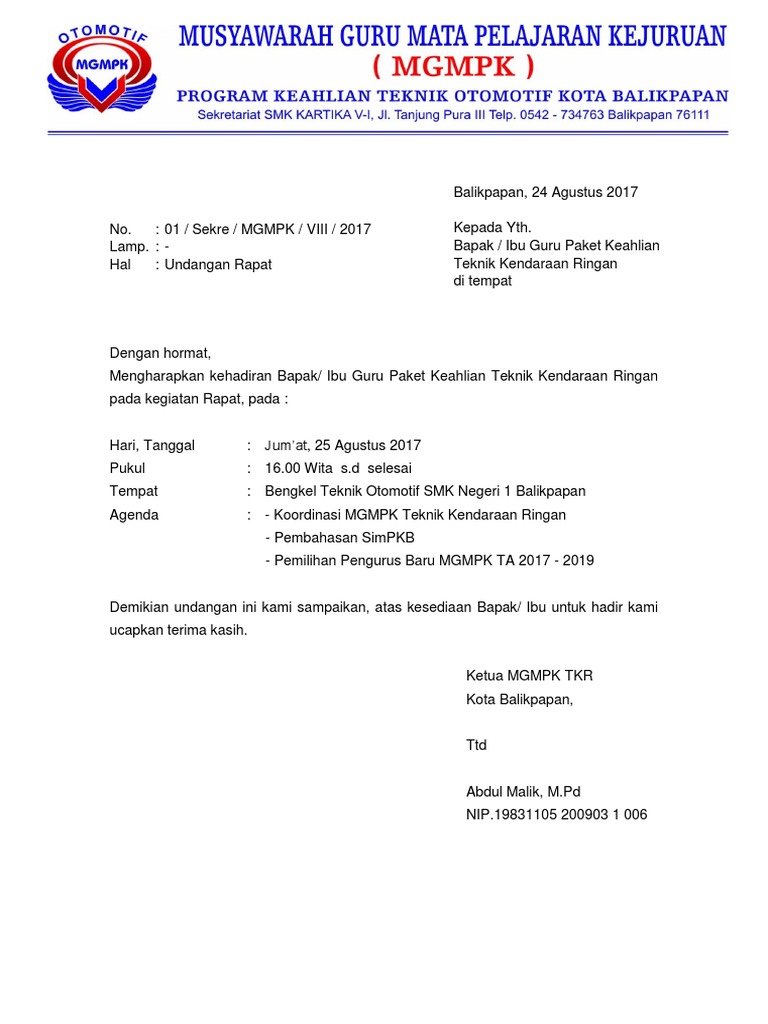 Undangan Rapat MGMP - Koordinasi - SimPKB - Pembentukan Pengurus Baru | PDF