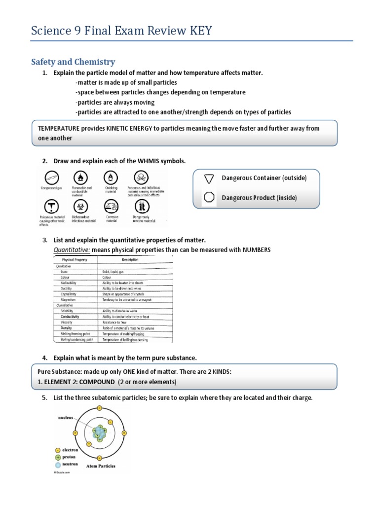 Science 9 Final Exam Review KEY: Safety and Chemistry | PDF | Series ...
