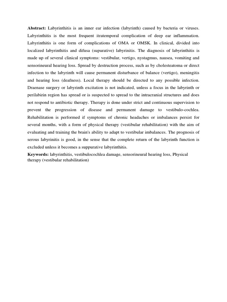 Abstract: Labyrinthitis Is An Inner Ear Infection (Labyrinth) Caused by ...