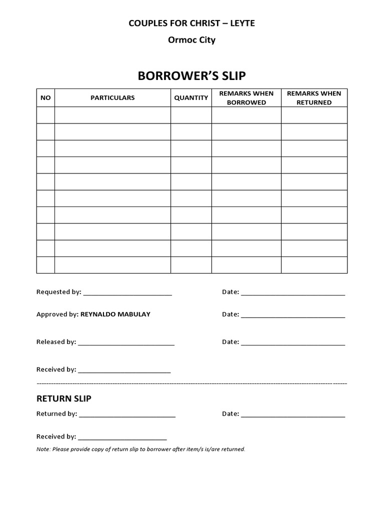 Borrower'S Slip: Couples For Christ - Leyte Ormoc City | PDF